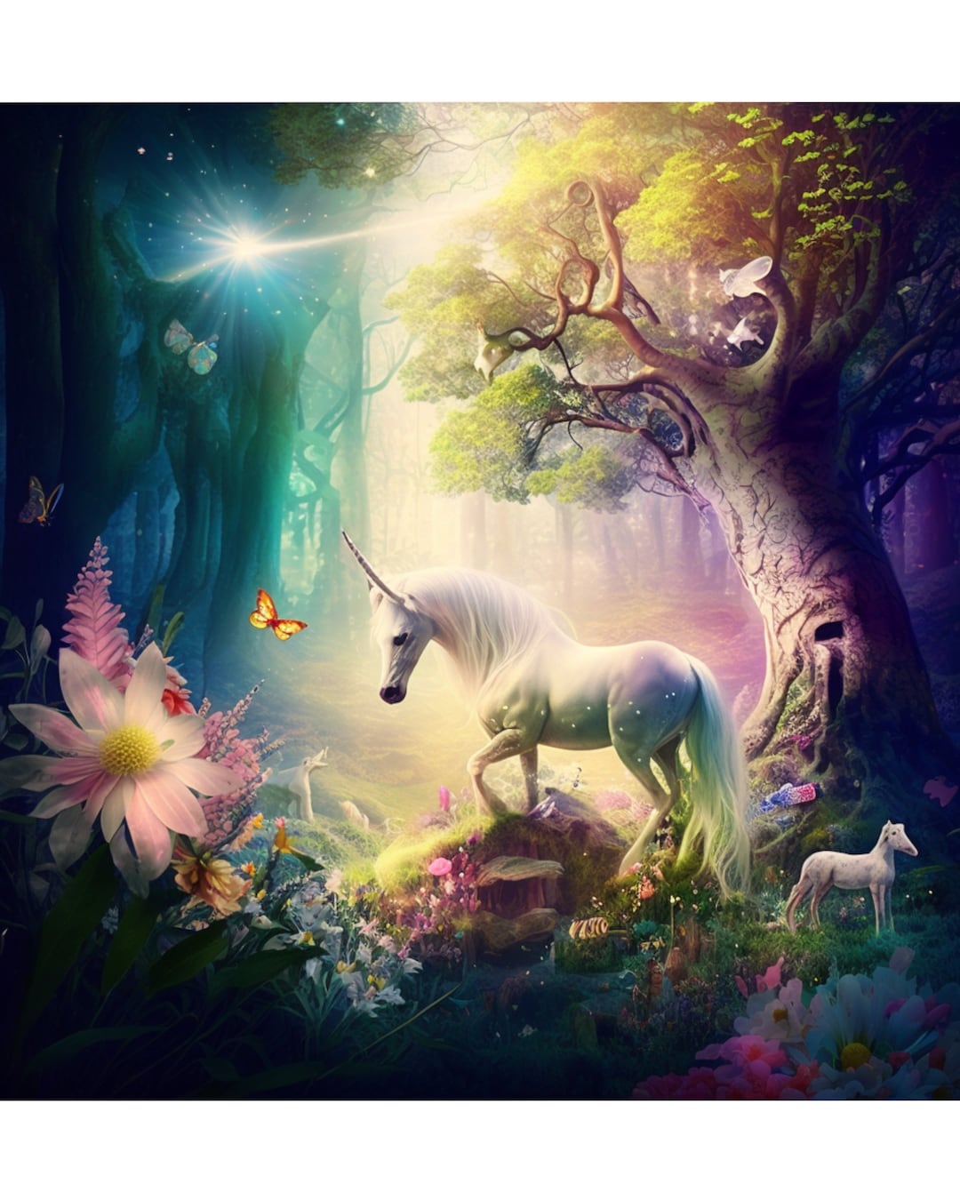 Unicorn, Enchanted Forest, Sunshine, Flowers, Fairytale Creatures - Art ...