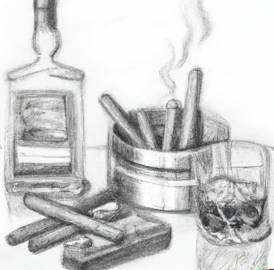 Pencil Drawing of Bourbon Bottles, Bourbon Glasses, Cigars in Ash Trays ...