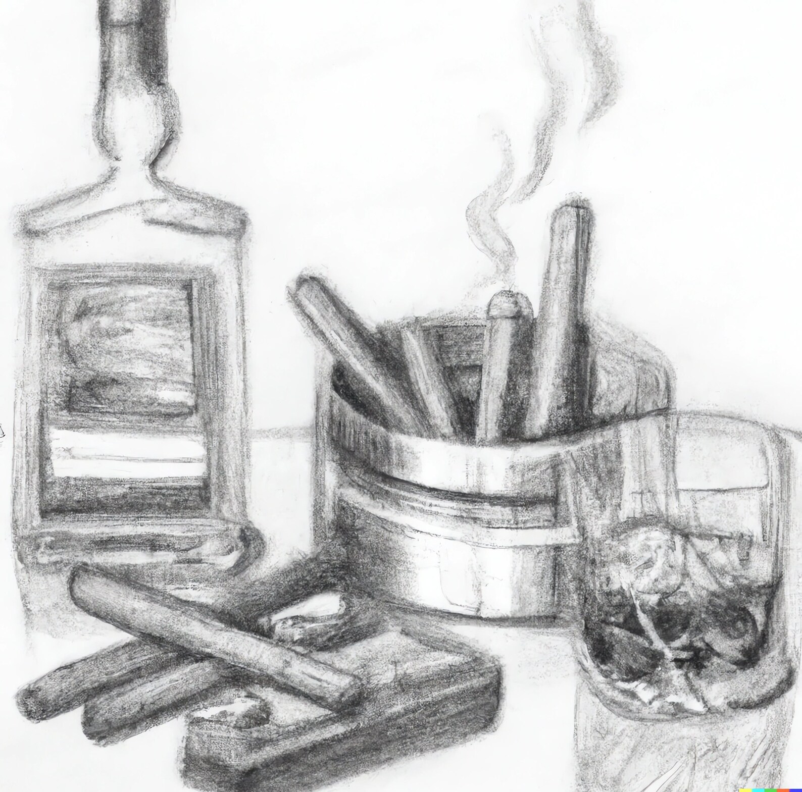 Pencil Drawing of Bourbon Bottles, Bourbon Glasses, Cigars in Ash Trays ...