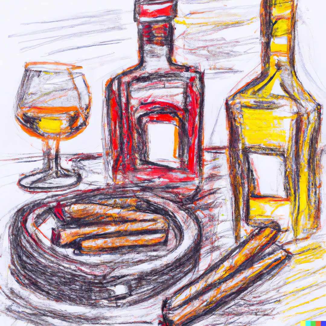 Colored Drawing of Bourbon Bottles, Bourbon Glasses, Cigars in Ash ...