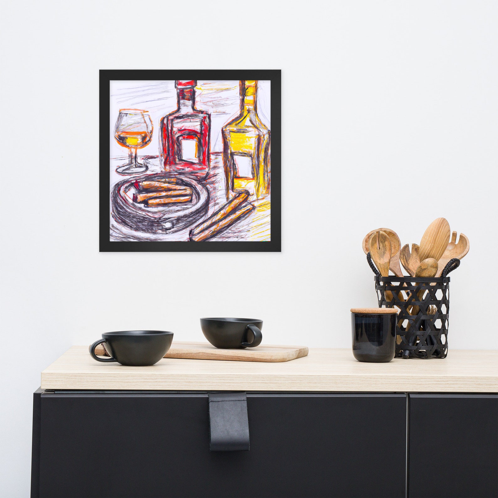 Framed Colored Drawing of Bourbon Bottles, Bourbon Glasses, Cigars in ...