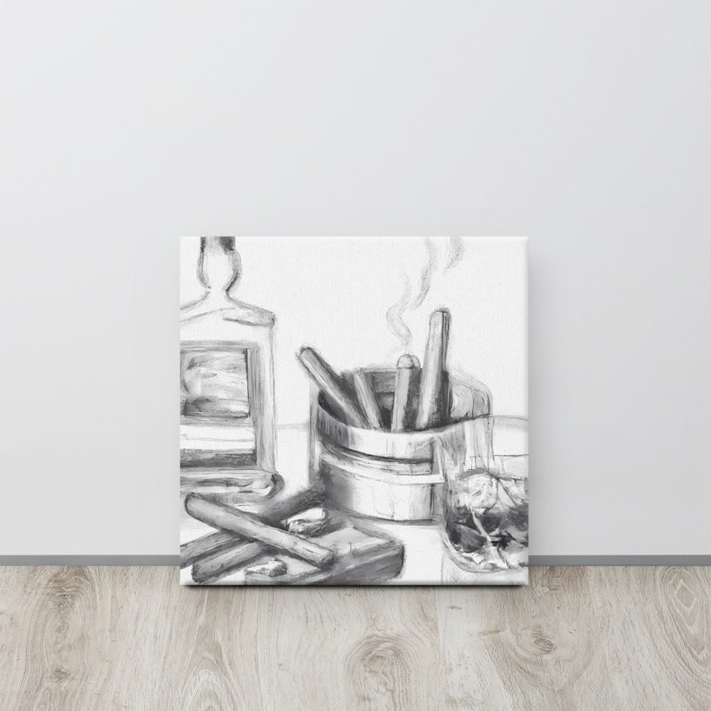 Canvas Pencil Drawing of Bourbon Bottles, Bourbon Glasses and Cigars ...