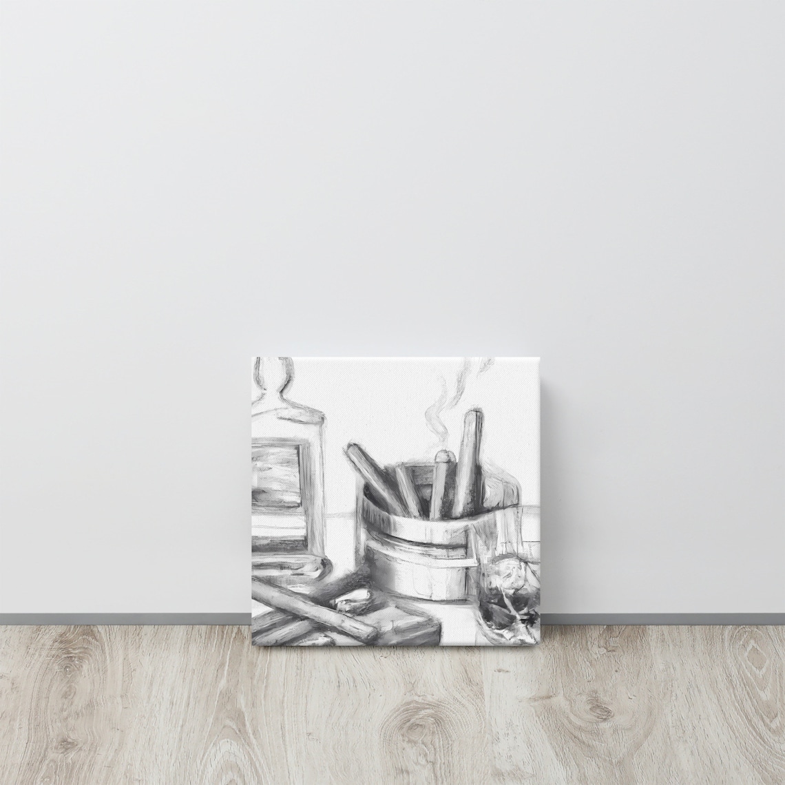 Canvas Pencil Drawing of Bourbon Bottles, Bourbon Glasses and Cigars ...