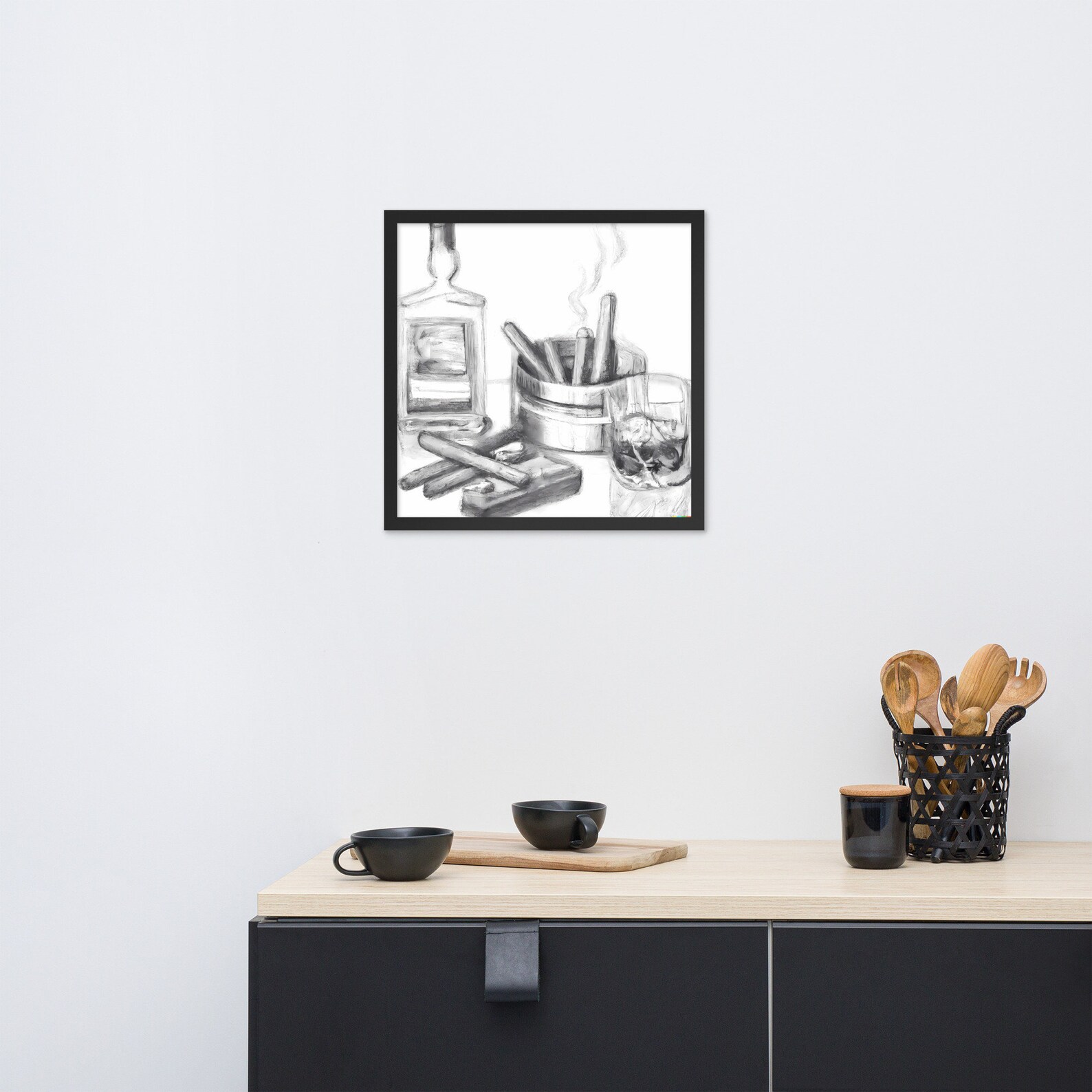 Framed Pencil Drawing of Bourbon Bottles, Bourbon Glasses, Cigars in ...