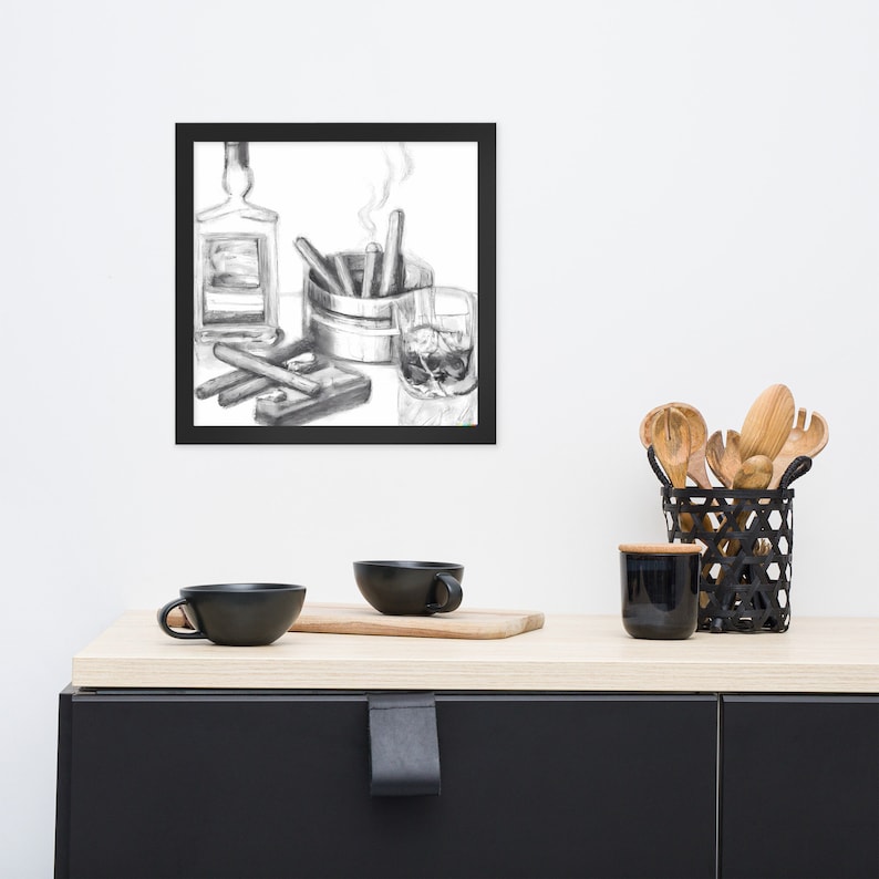 Framed Pencil Drawing of Bourbon Bottles, Bourbon Glasses, Cigars in ...