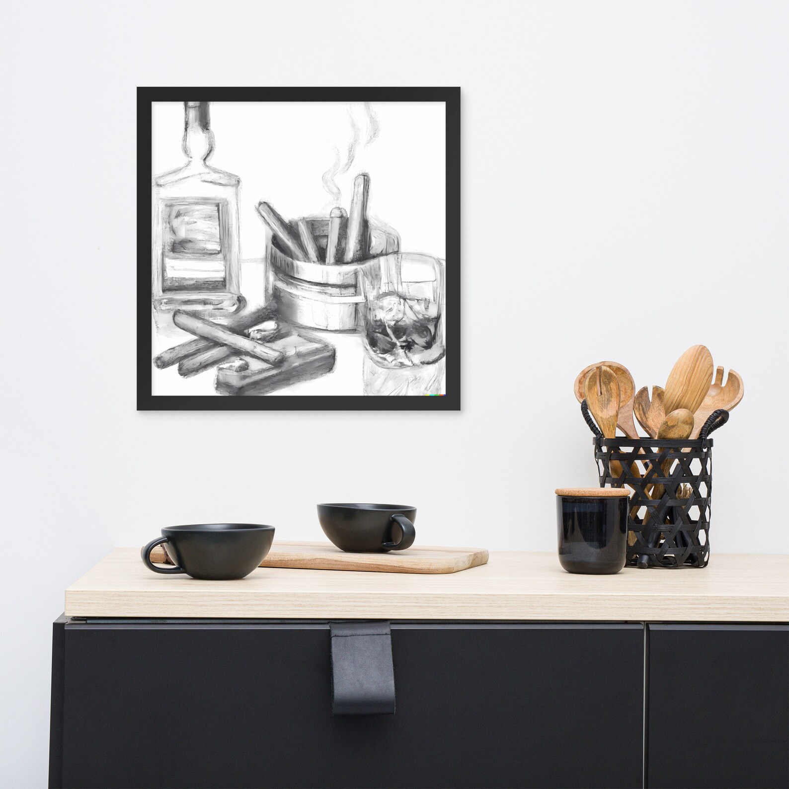 Framed Pencil Drawing of Bourbon Bottles, Bourbon Glasses, Cigars in ...