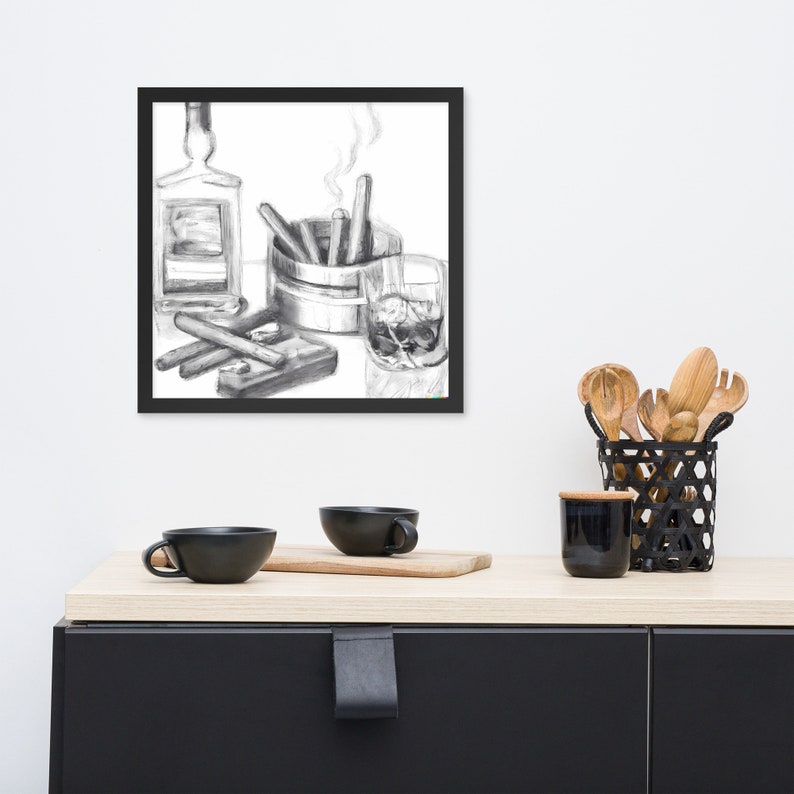 Framed Pencil Drawing of Bourbon Bottles, Bourbon Glasses, Cigars in ...