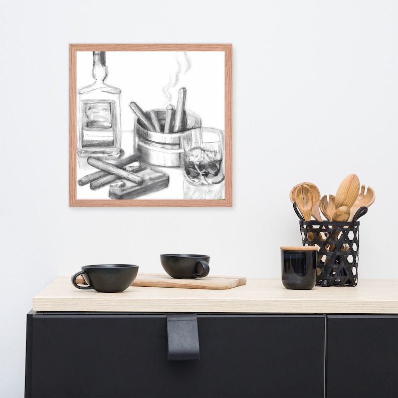 Framed Pencil Drawing of Bourbon Bottles, Bourbon Glasses, Cigars in ...