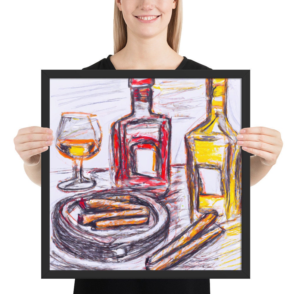 Framed Colored Drawing of Bourbon Bottles, Bourbon Glasses, Cigars in ...