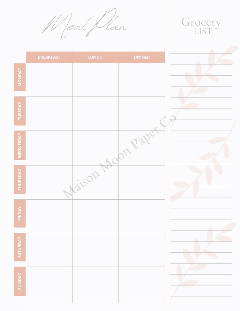 Weekly Meal Plan and Grocery List 8.5x11 Digital Download Printable ...
