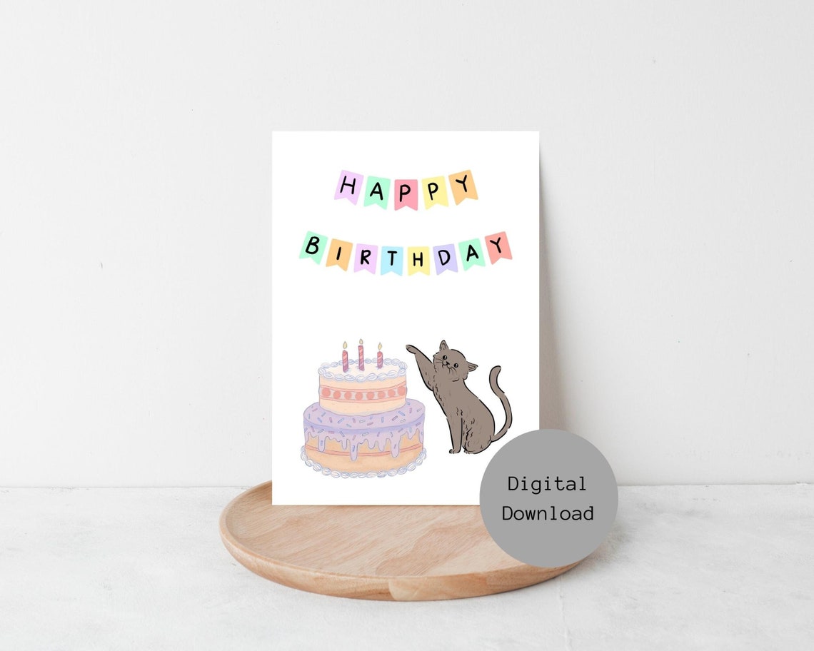 Printable Cat Birthday Card, Printable Birthday Card Funny, Digital ...