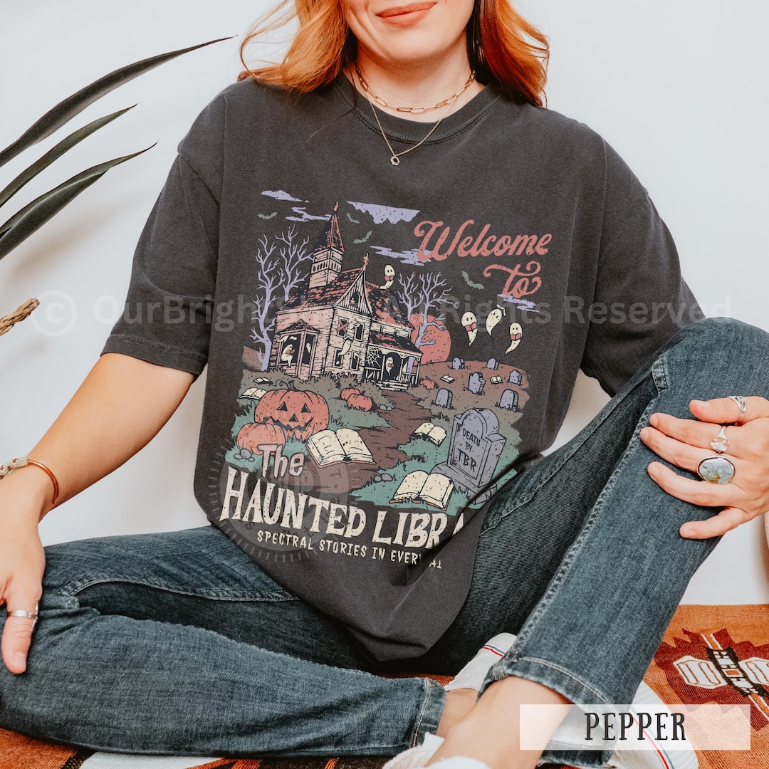 Haunted Library Comfort Colors Shirt for Book Lover Funny Halloween ...