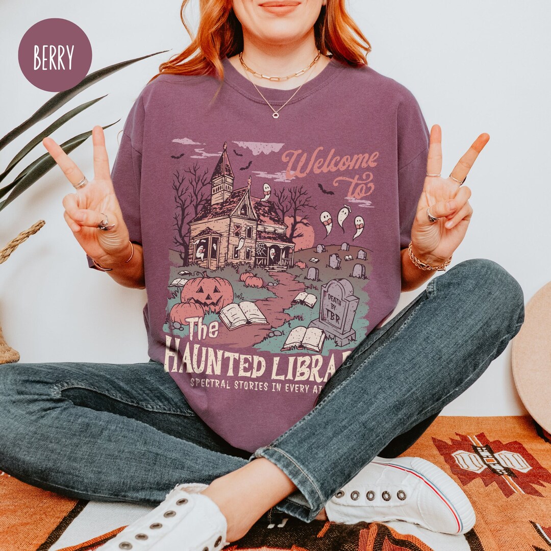 Haunted Library Comfort Colors Shirt for Book Lover Funny Halloween ...