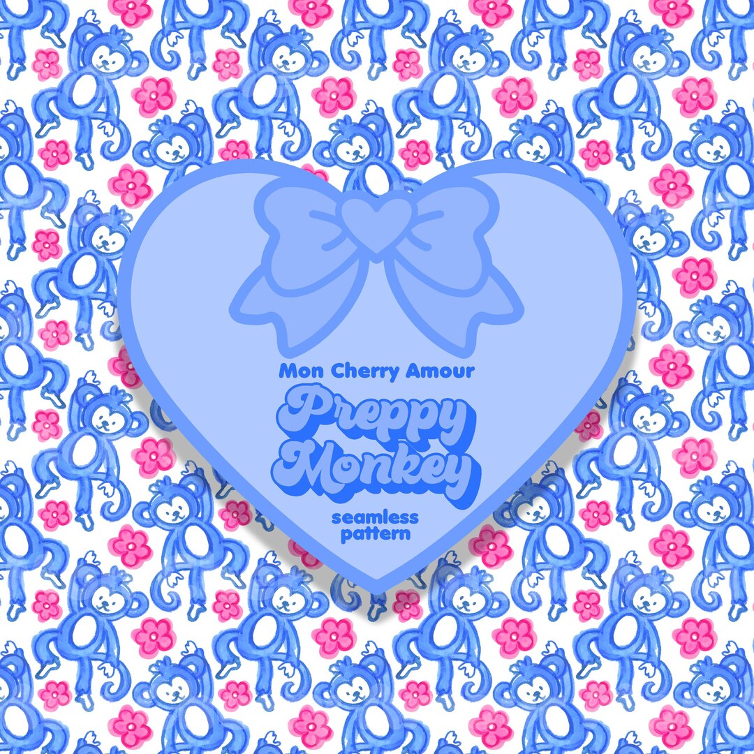 Preppy Monkey Ditsy Roller Seamless Pattern Floral Blue Pink - Etsy