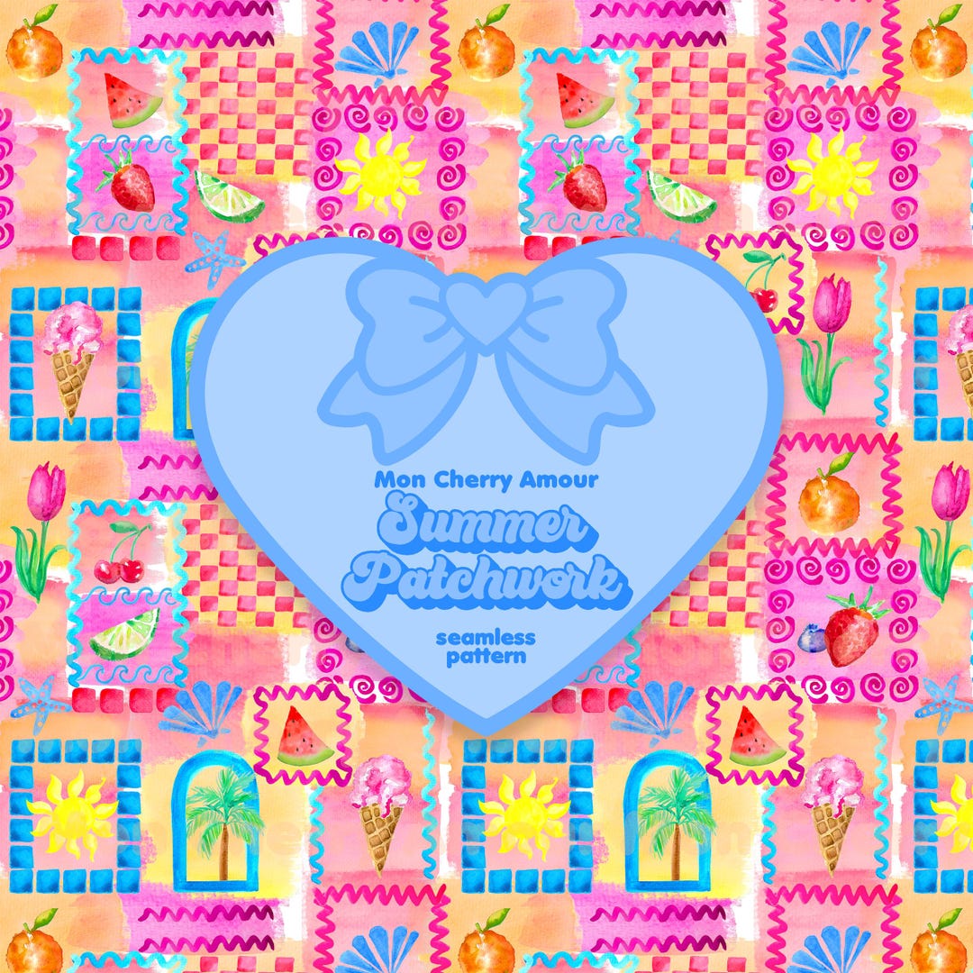Summer Stamp Print Seamless Pattern: Tropical Fruits, European Summer ...