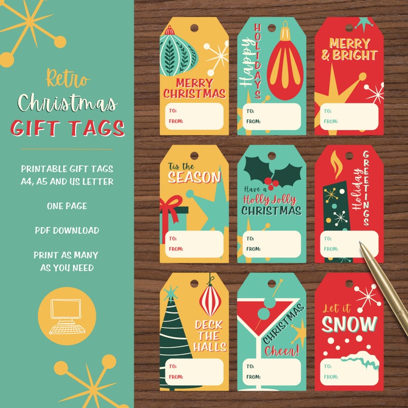 Printable Christmas Gift Tags Retro Set of 9 | Christmas Gift Tags ...
