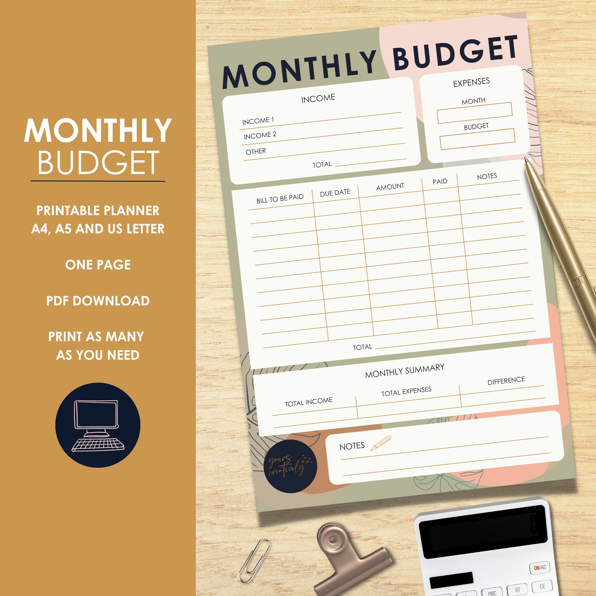 Printable Monthly Budget Planner A4,A5,US Letter, Instant Download ...