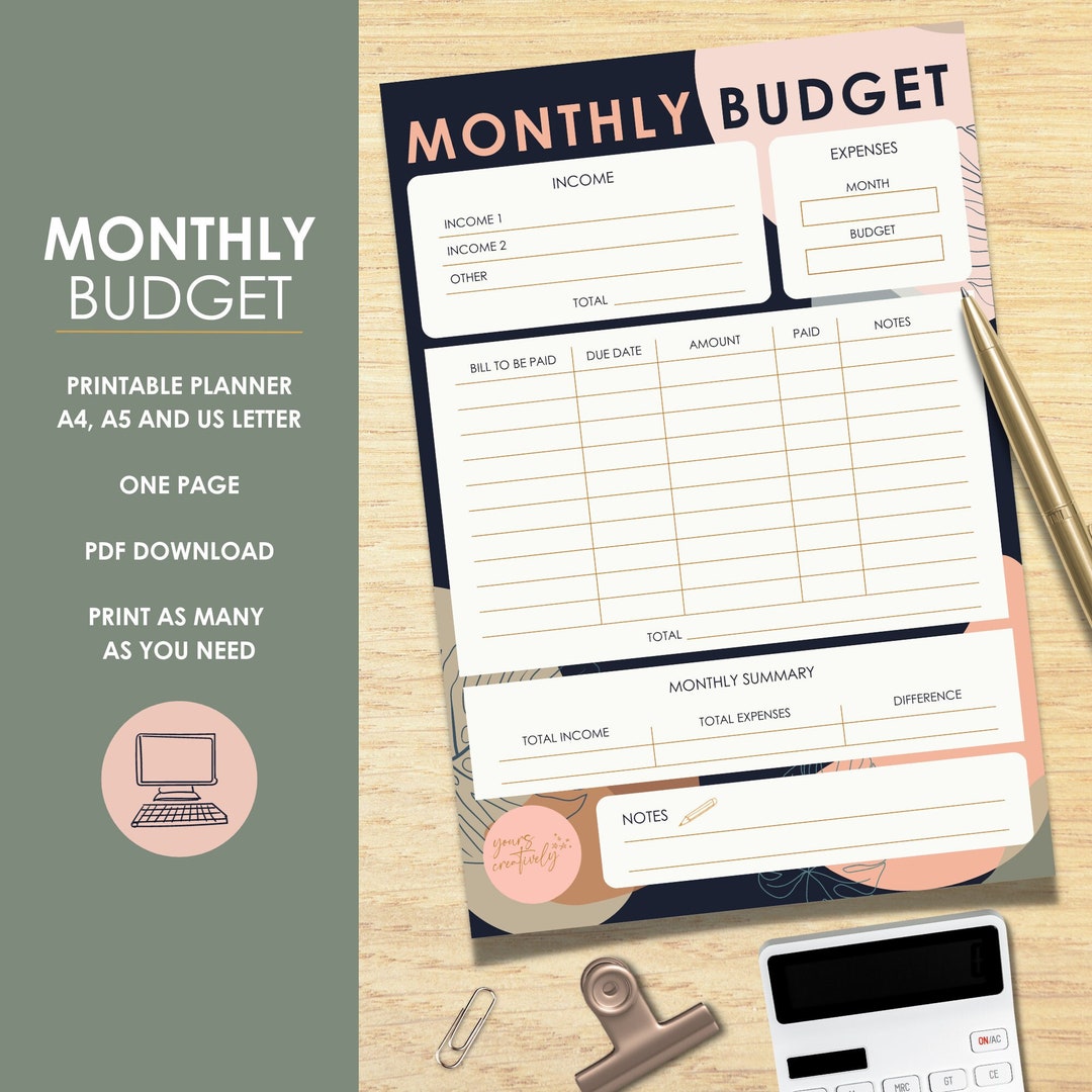 Printable Monthly Budget Planner A4,A5,US Letter, Instant Download ...