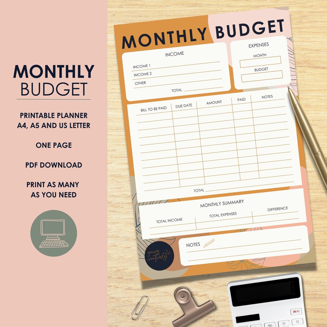Printable Monthly Budget Planner A4,A5,US Letter, Instant Download ...