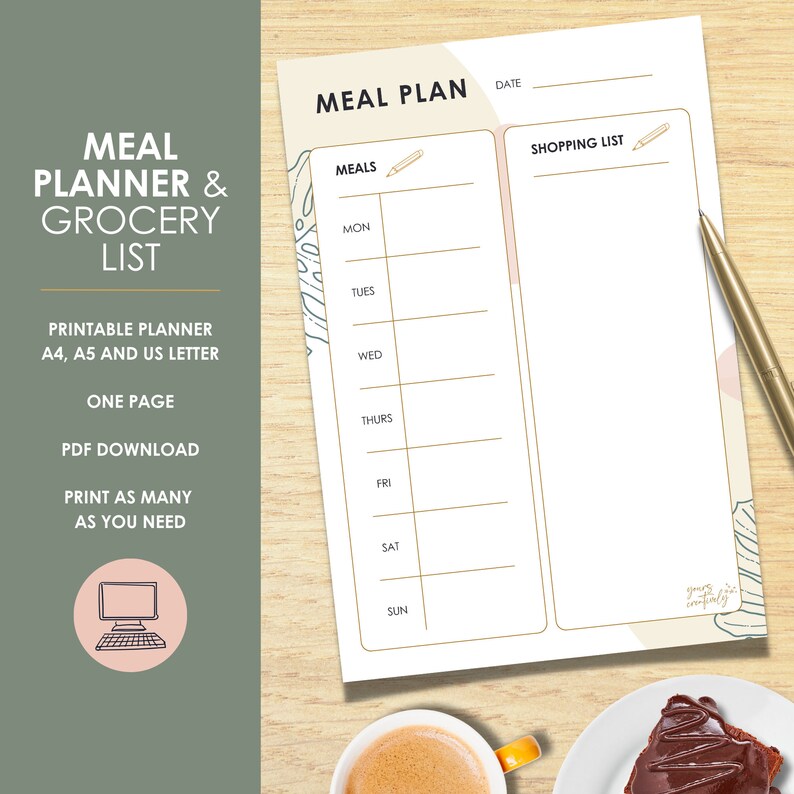 Printable Meal Planner and Grocery List A4,A5,US Letter, Instant ...