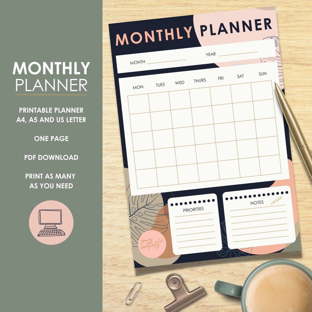 Printable Monthly Planner A4,A5,US Letter, Instant Download, Navy ...
