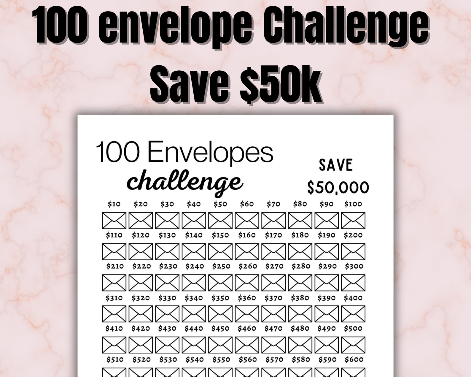 50K Savings Challenge Printable: 100 Envelope Tracker (A4, US Letter ...