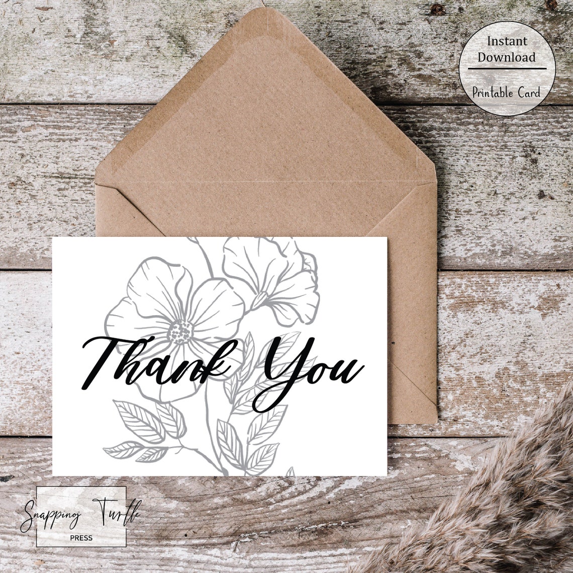 Thank You Note Printable Card, Instant Download PDF, DIY Card, Floral ...