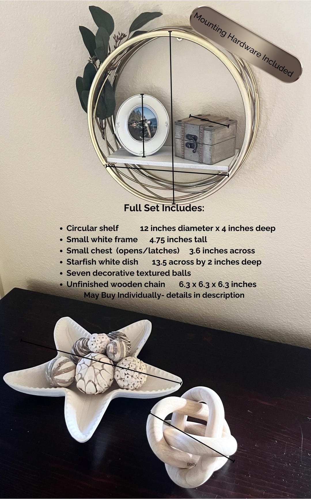 Gold Decorative Wall Decor Set 12 Inch Round Metal Wall Shelf Home Gift ...