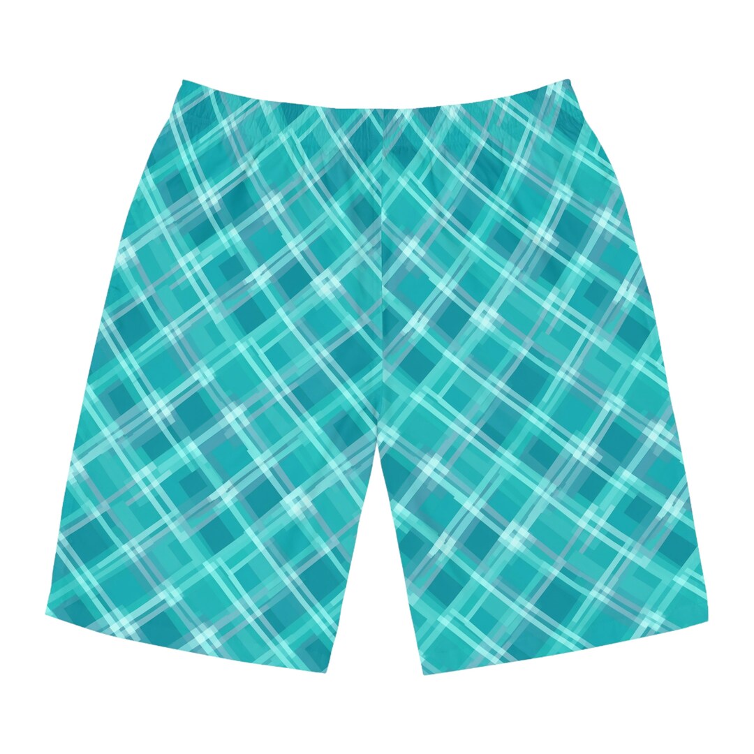 Aqua Plaid Men's Swim Trunks - Etsy