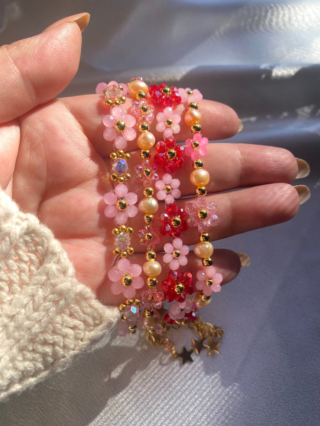 Pink Valentine Crystal Daisy Flower 18k Gold Beaded Bracelet Cute ...