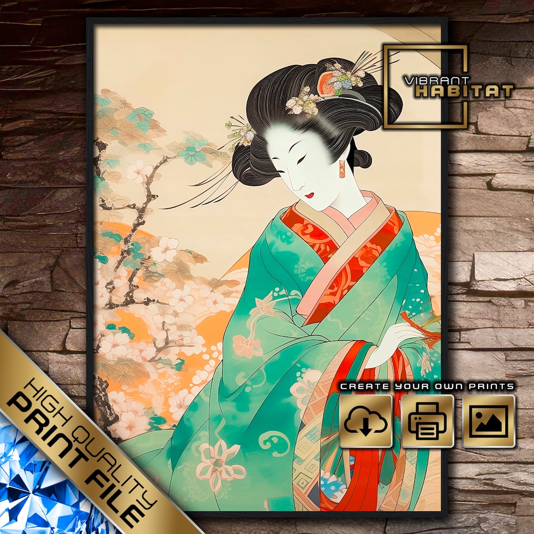 Geisha Poster in Woodcut Look, Geisha Painting, Geisha Wall Art ...