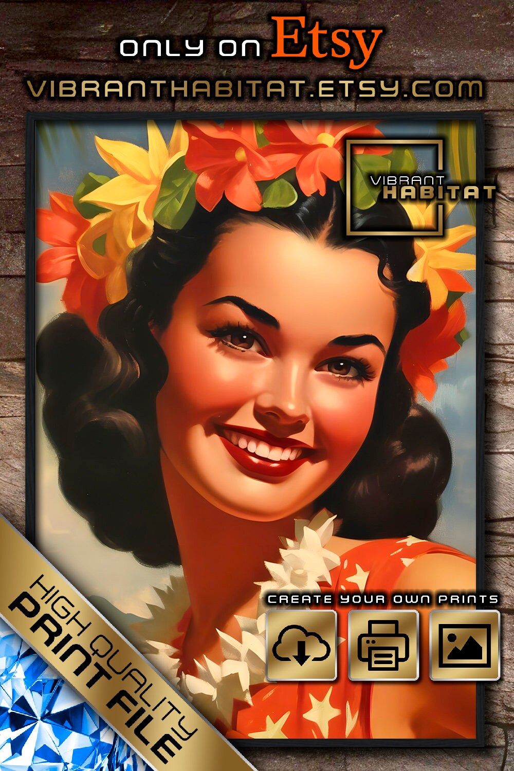 1940s Hula Girl Hawaii Poster Hawaii Travel Poster Hawaii Wall Art Hawaii Art Print Vintage