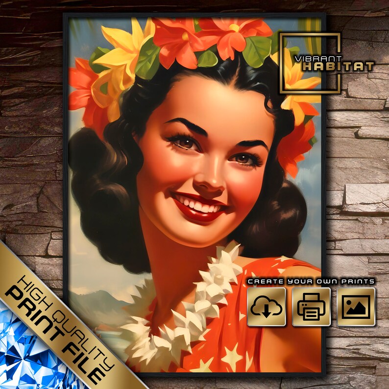 1940s Hula Girl Hawaii Poster Hawaii Travel Poster Hawaii Wall Art Hawaii Art Print Vintage