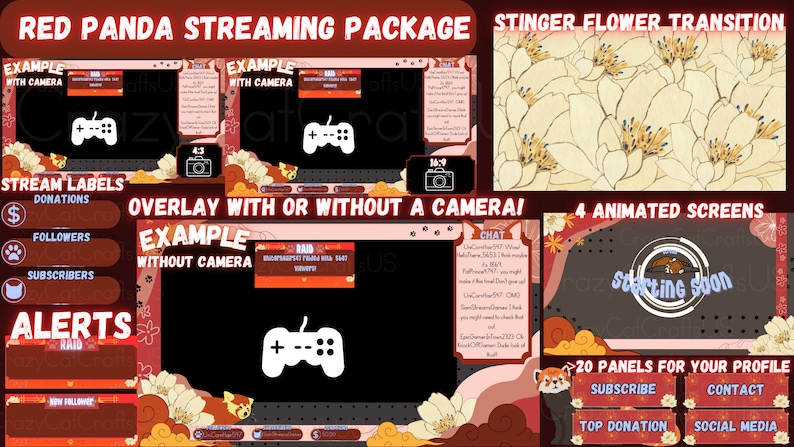 Red Panda Theme Animated Twitch Streaming Package | Cozy Red Pink ...