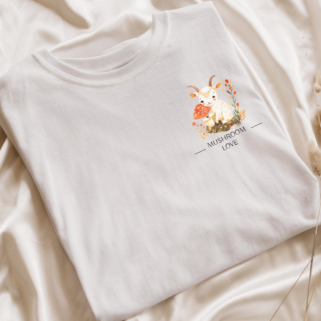 Cottagecore Goat Mushroom Love Chest Print Cute Animal Shirt Watercolor ...