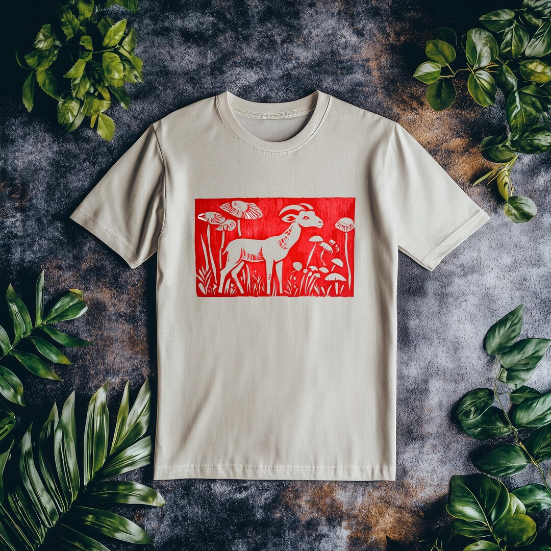 Goat Linocut Shirt Animal Art Print, Blockprint Animal Design, Rustic ...