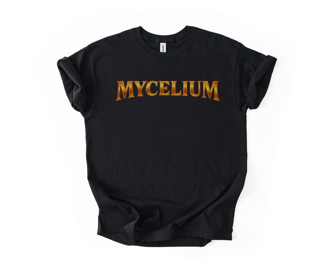 Mycelium Shirt – Gold Retro Typography Fungi Tee – Elegant Mushroom ...