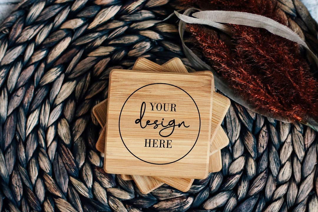 Bamboo Coaster Mockup. Engraved Products Square Wood Coasters Flat Lay ...