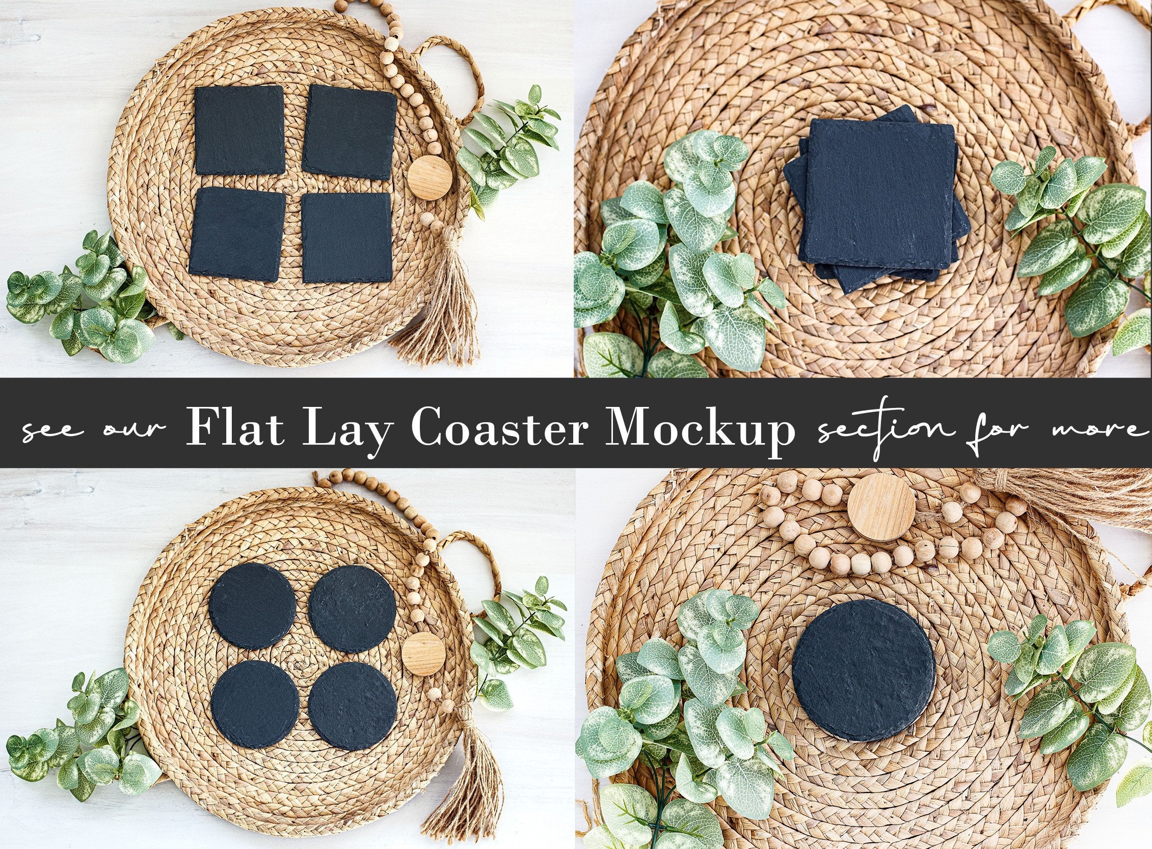 Square Slate Coaster Mockup. Styled Blank Black Coaster Stock Photo ...