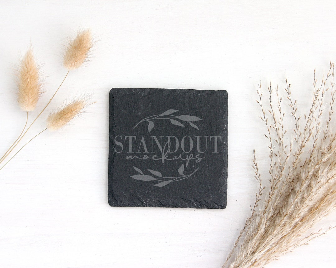 Mockup Slate Coaster, Black Square Drink Coaster Digital Mock Up ...