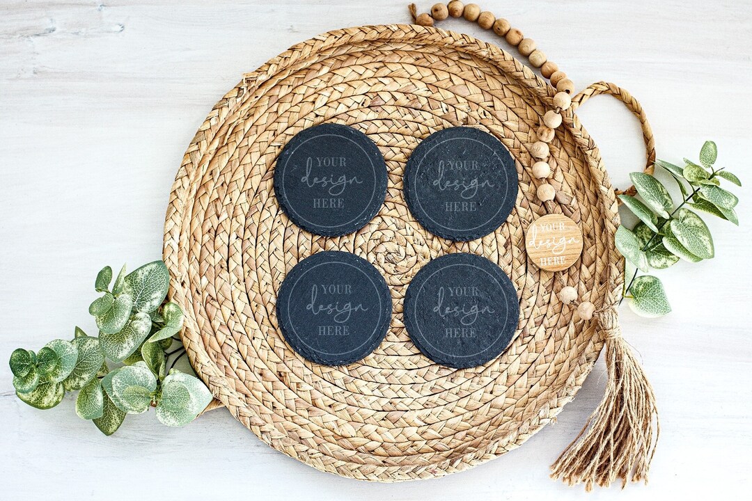 Round Black Slate Coaster Mockup. Add Your Design Blank Coaster Mock up ...