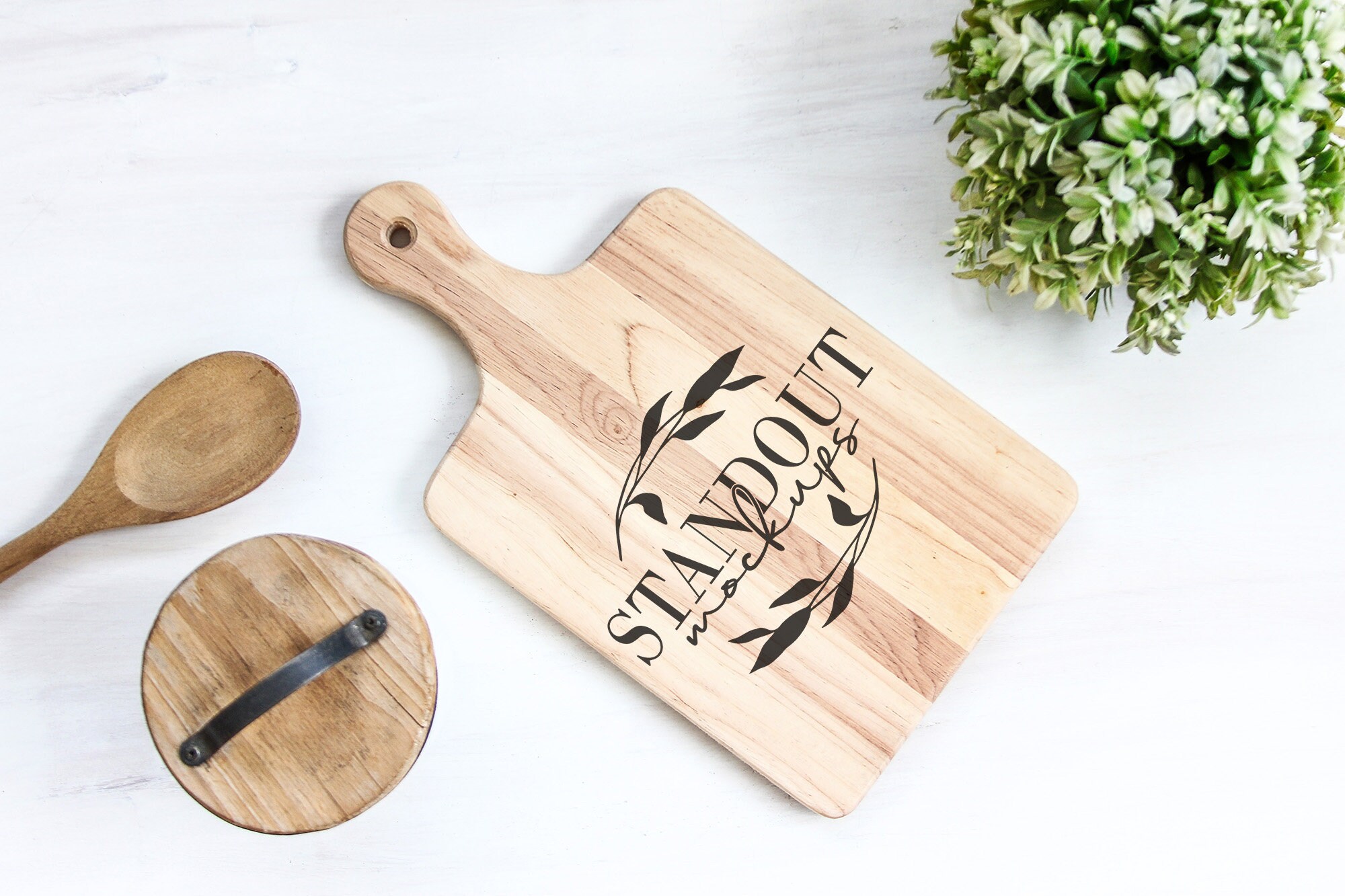 Wooden Paddle Cutting Board Mockup. Charcuterie Board With Handle Mock ...