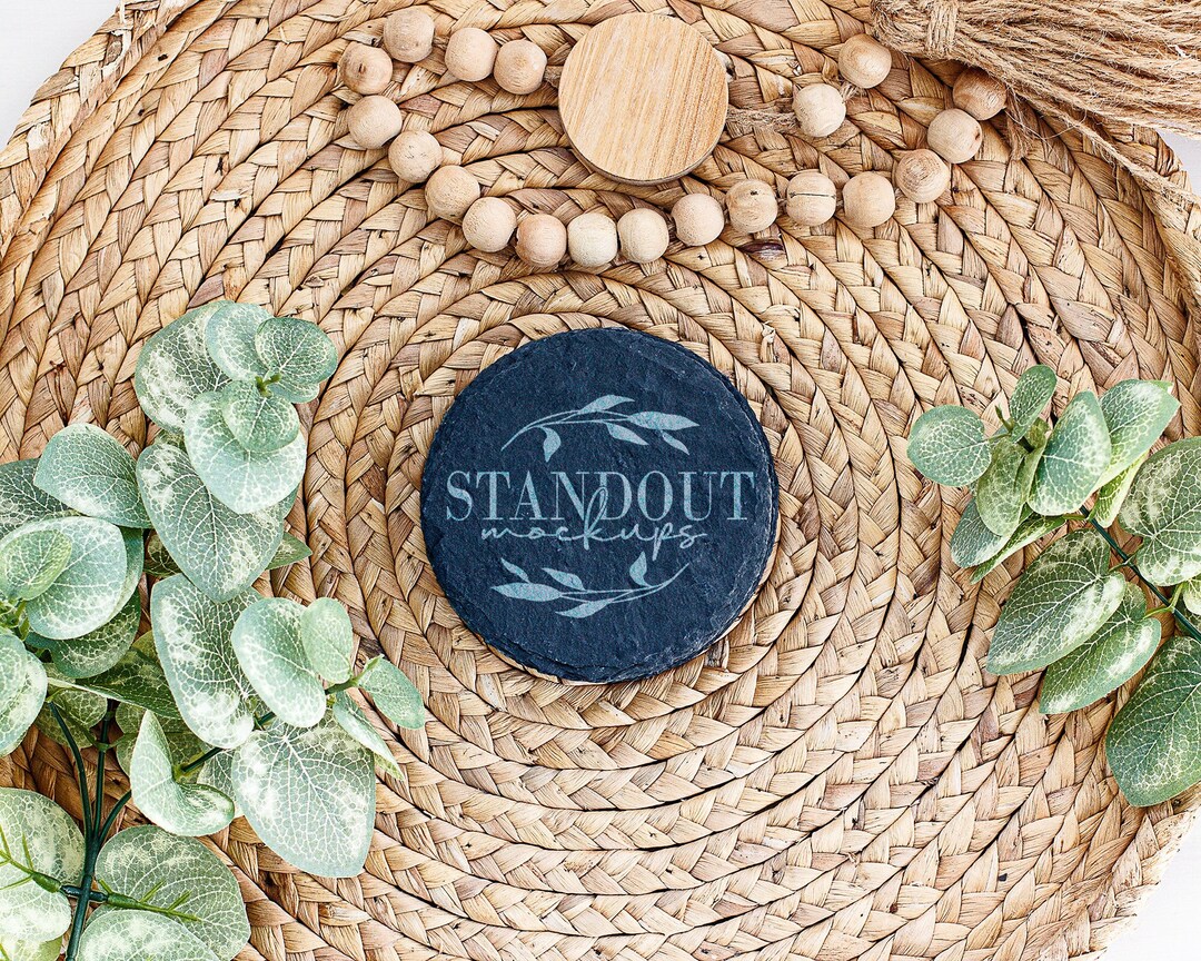 Round Slate Coaster Mockup. Blank Drink Coaster Stock Photo. Add Your ...