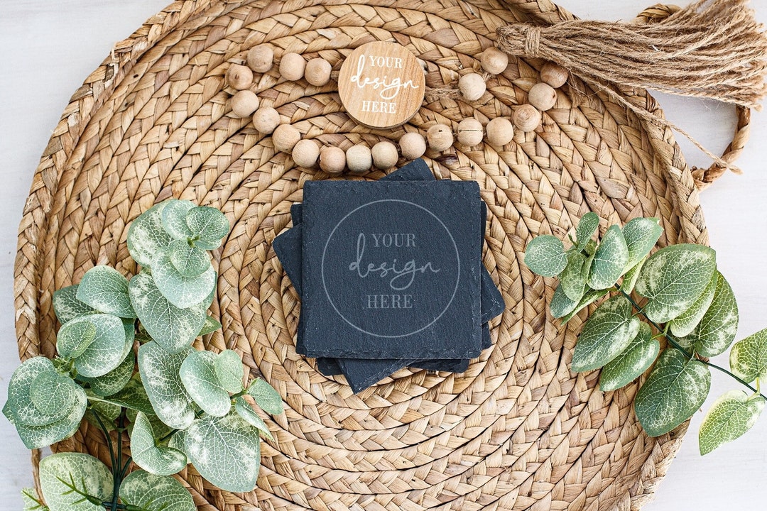 Square Slate Coaster Mockup. Styled Blank Black Coaster Stock Photo ...