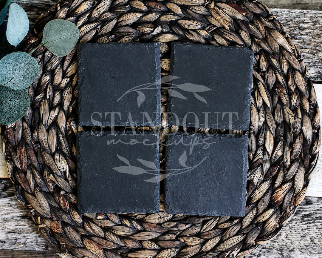 Square Slate Coaster Mockup. Blank Black Drink Coaster Styled Product ...