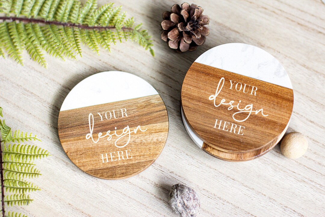 Round Coaster Mockup, Circle Marble & Wooden Coaster Styled Stock Photo ...