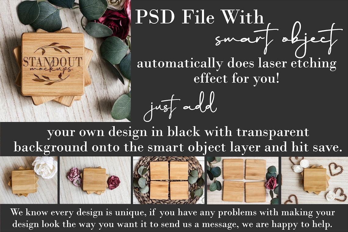 Engraved Wooden Drink Coaster PSD Mockup, Laser Etched Square Bamboo ...