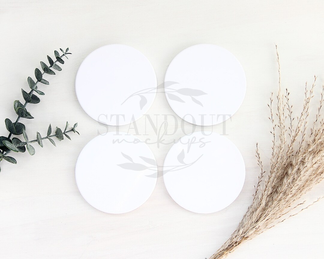 White Sublimation Coaster Mockup. Round Ceramic Coaster Mockup. Boho ...