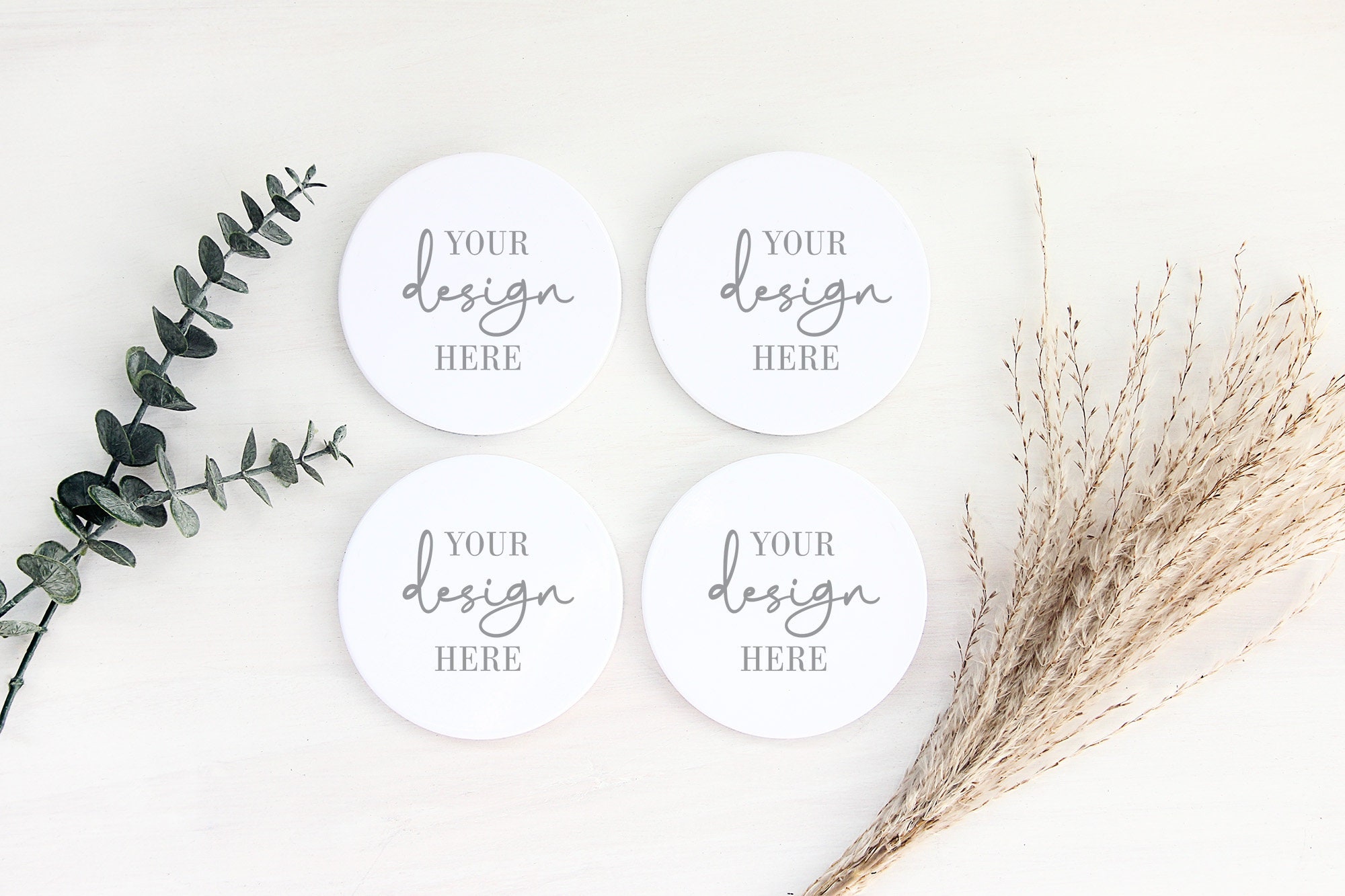 White Sublimation Coaster Mockup. Round Ceramic Coaster Mockup. Boho ...