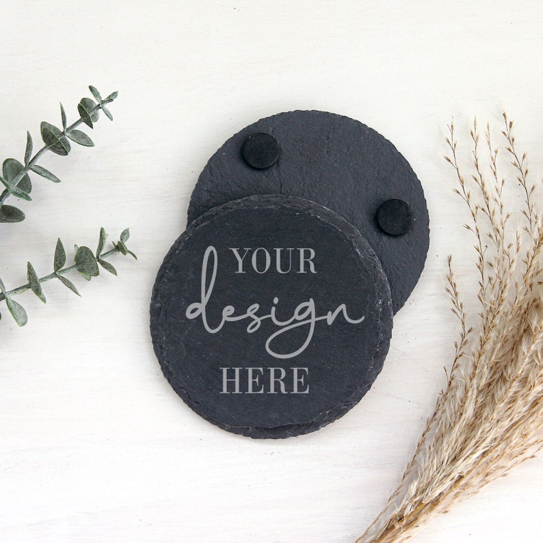 Round Slate Coaster Mockup Front & Back. Boho Blank Drink Coaster Mock ...